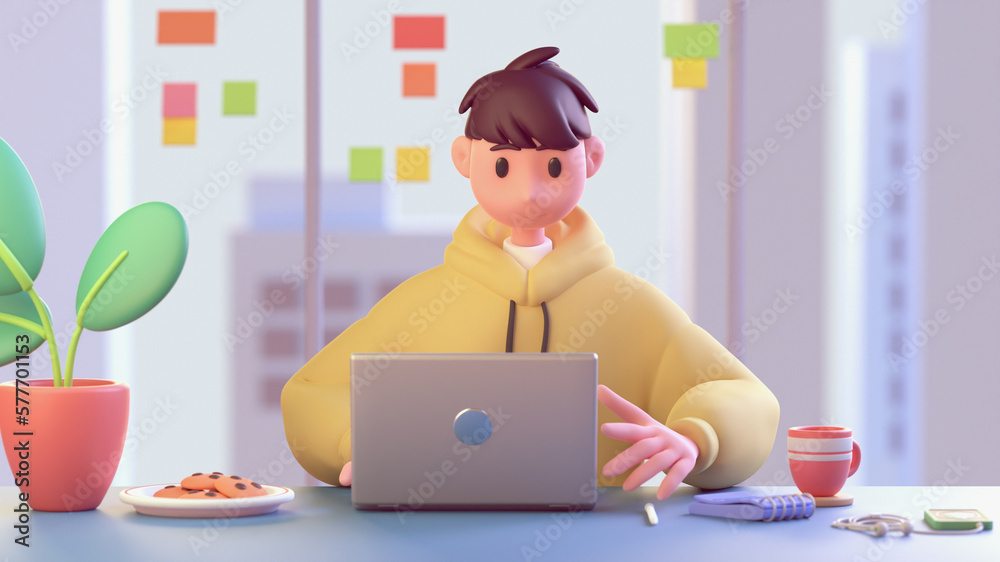 Portrait of successful young asian programmer guy in yellow hoodie uses ...
