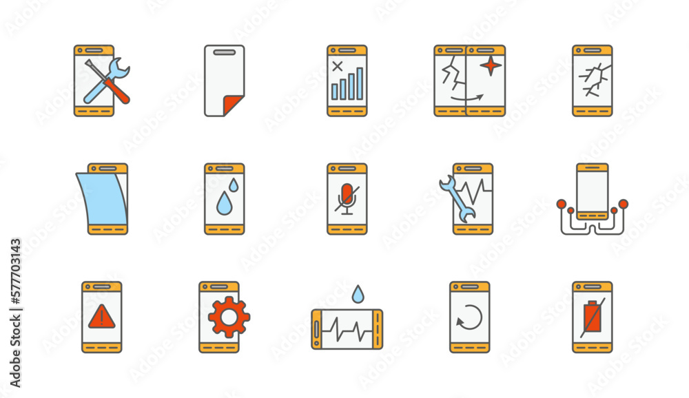 Mobile phone scratch protection icons. Smartphone screen cover ...