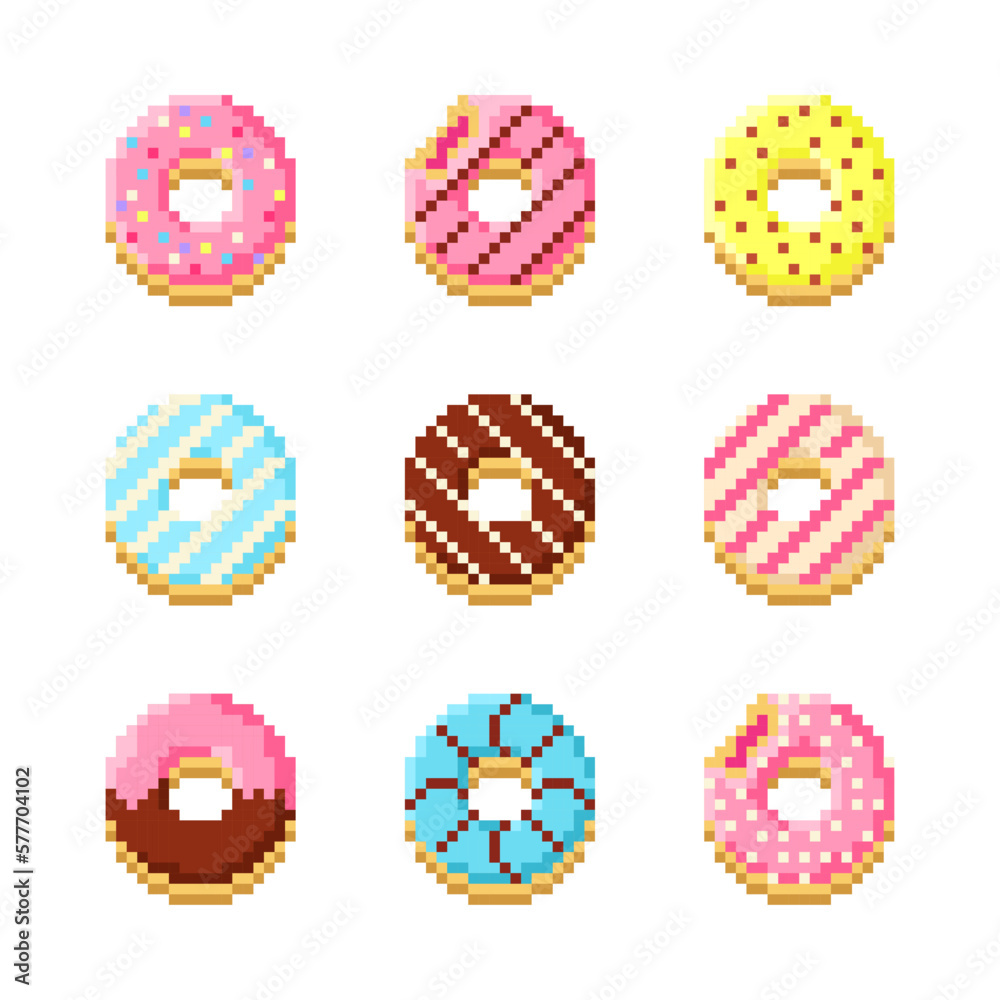 Pixel art donuts set in style of eight-bit game. Stock Vector | Adobe Stock