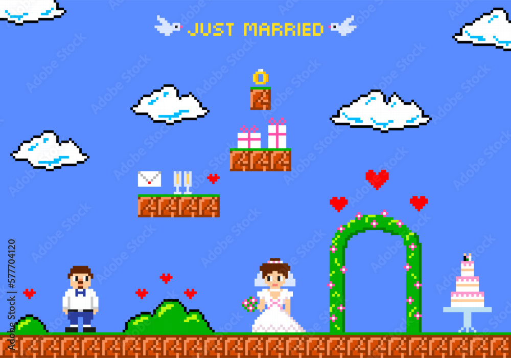 Greeting card pixel art in style of eight-bit game. Inscription of Just ...