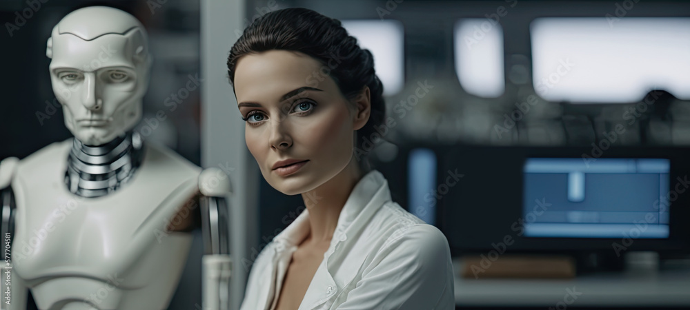Poster with a woman scientist and robotics engineer and android ...