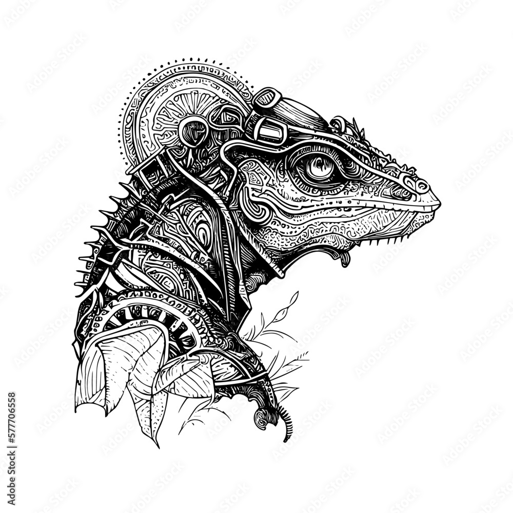steampunk iguana logo features a stylized, mechanical iguana with steam ...