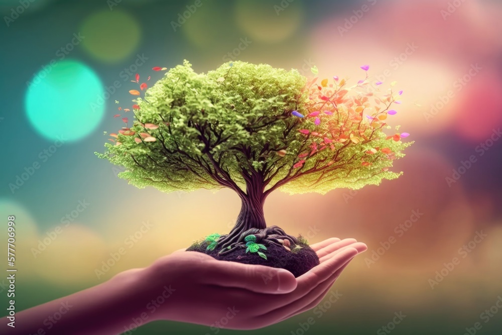 Environment Earth Day In the hands of trees growing seedlings. Bokeh ...