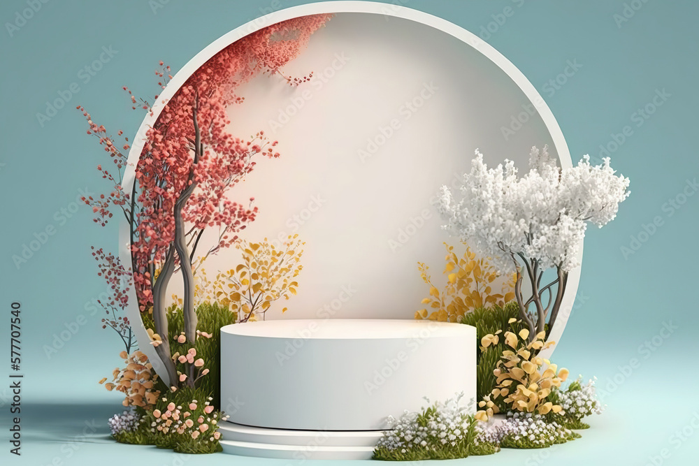 Abstract bright color springtime minimal round podium for product ...