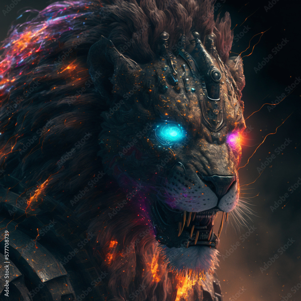 detailed portrait of a Dark-Brown cyberpunk Lion made with ashes ...
