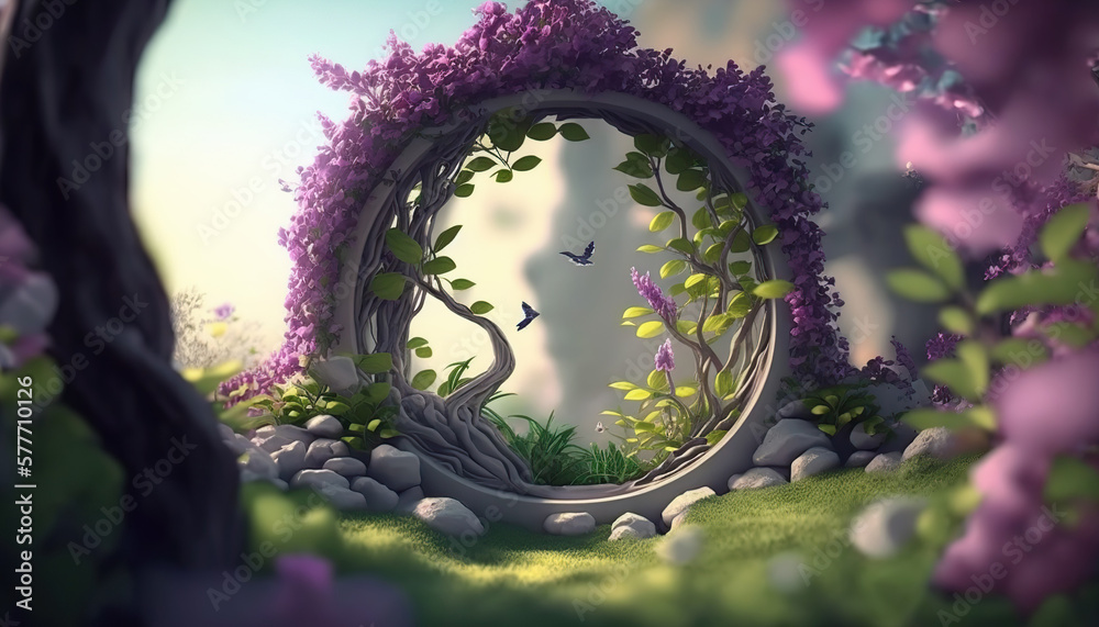 Beautiful enchanted landscape. Fantasy garden background. Magic meadow ...