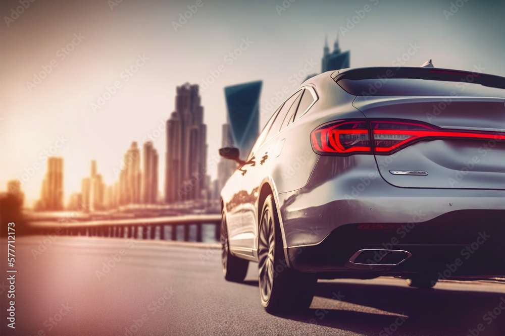 Back view of generic sedan car driving on road in city center . Sublime ...