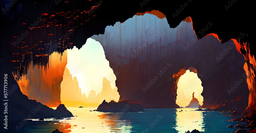 Landscape Adventure cave opening Dungeon Cavern painting mysterious den ...