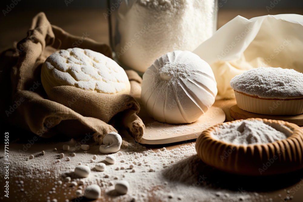 Still life with assorted fresh bakery and pastry confectionery products ...