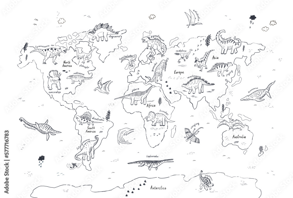 Dinosaur world map line vector illustration. Stock Vector | Adobe Stock