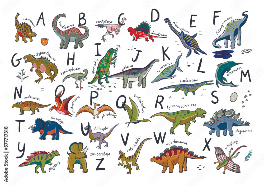 Dinosaur alphabet poster vector illustrations set. Stock Vector | Adobe ...