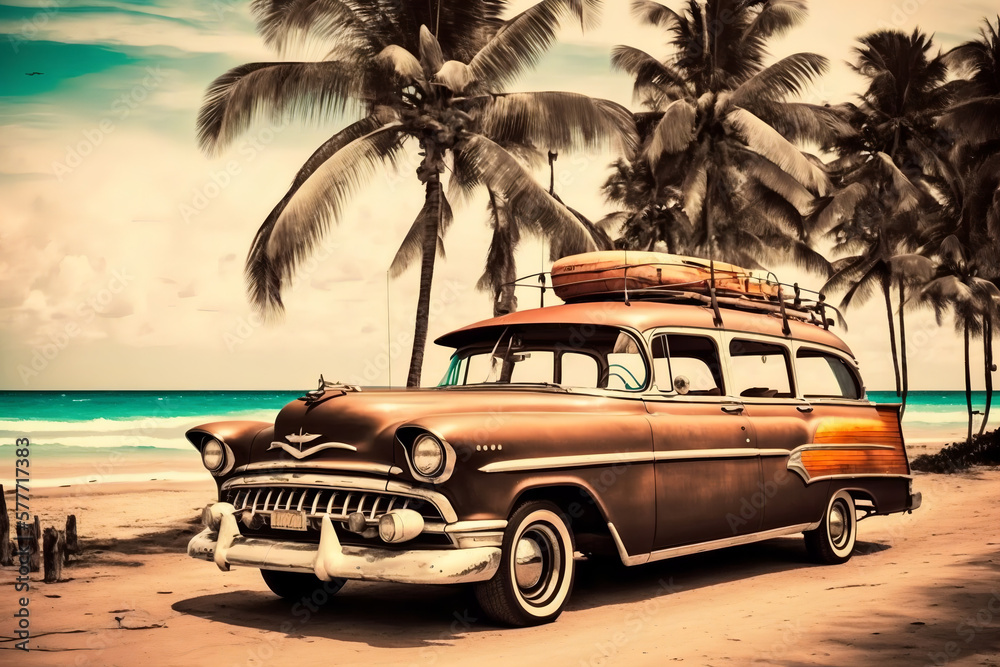A vintage car parked on a tropical beach with a surfboard on its roof ...