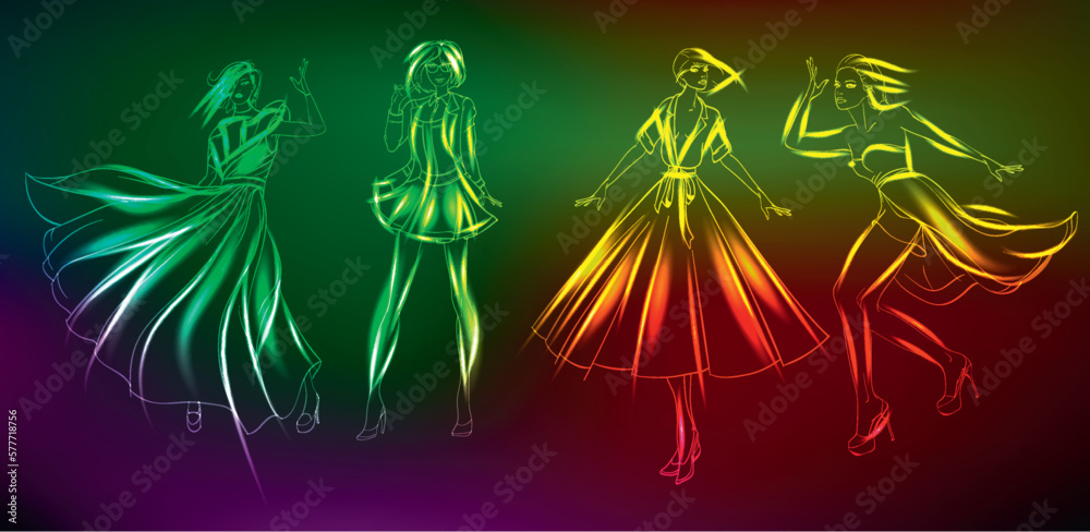 Hand Drawn Fashion Model From A Neon A Light Girls Fashion Girl