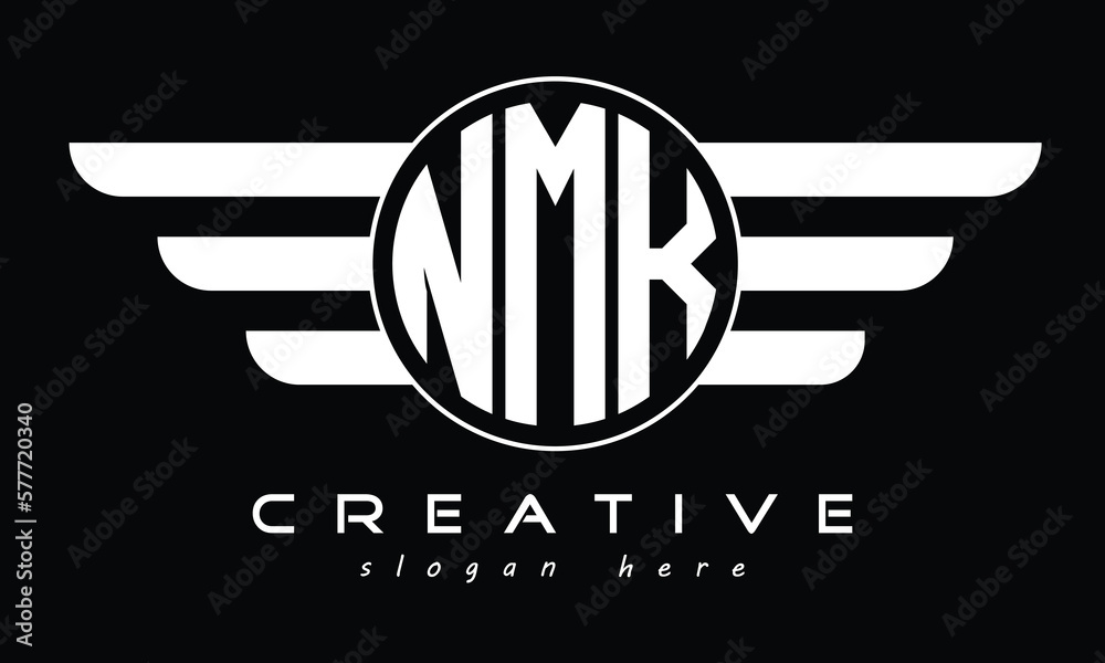 NMK three letter monogram type circle letter logo with wings vector ...