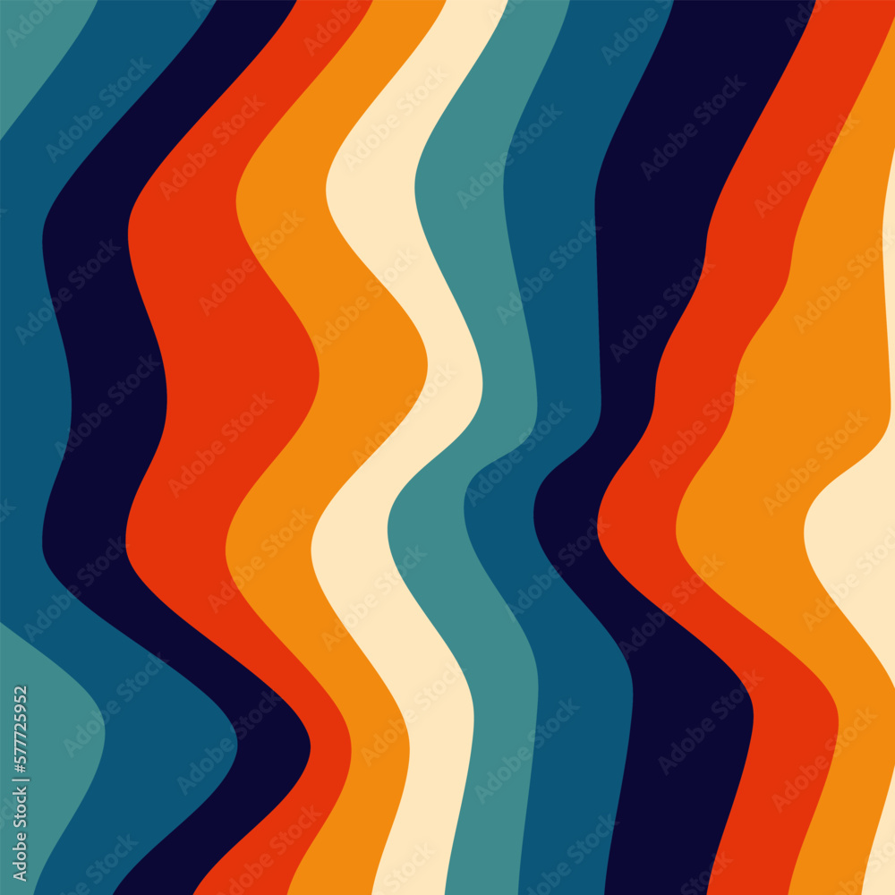 Abstract background of groovy Wavy Lines design in 1970s Hippie Retro ...