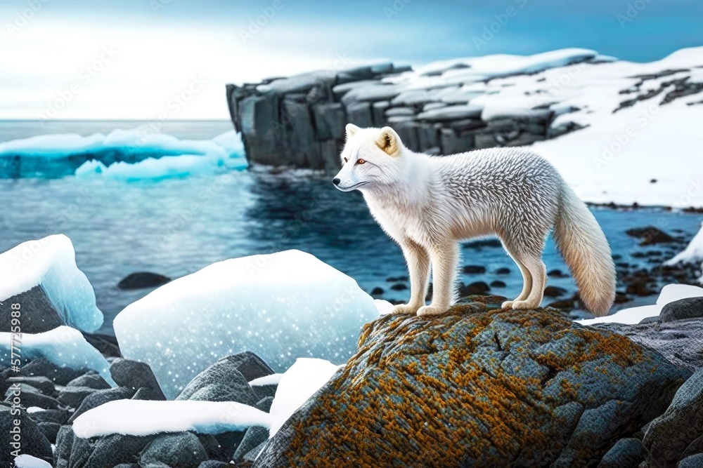 arctic fox stands on rocky shore of frozen arctic sea, created with ...