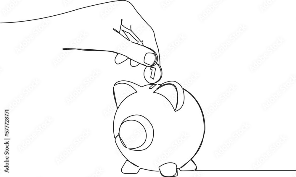 continuous single line drawing of hand inserting coin into piggy bank ...
