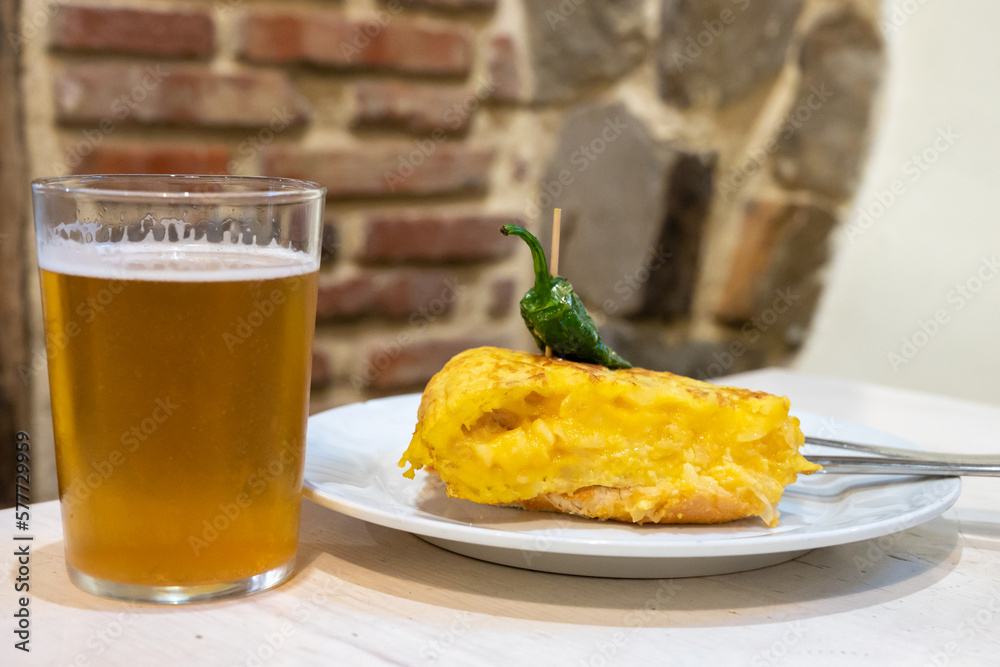 Typical snack of Basque Country, pinchos or pinxtos, small piece of ...