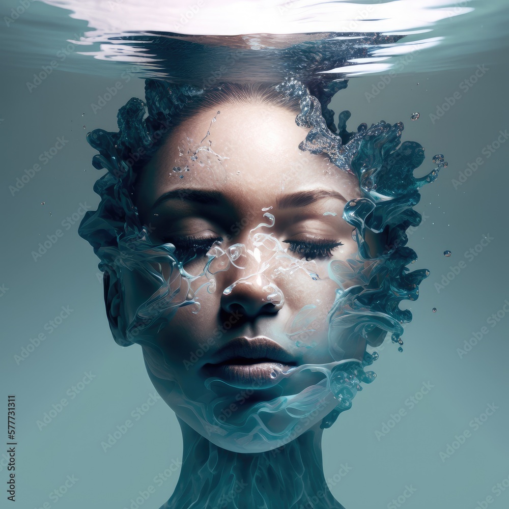 Abstract art in beautiful face woman in underwater seascape concept ...