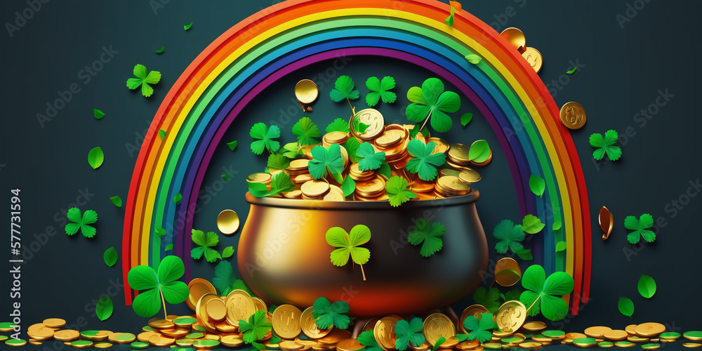 Banner with Pot of gold coins clover leaves and rainbow generative ai ...