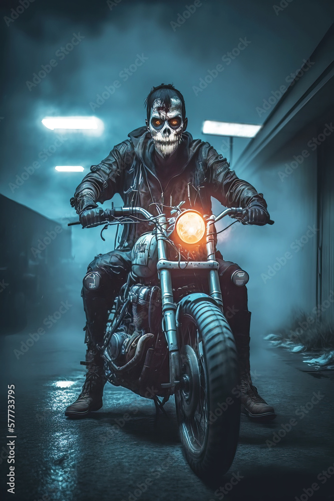 Zombie riding a motorcycle in a dark mist alley at night, Undead horror ...
