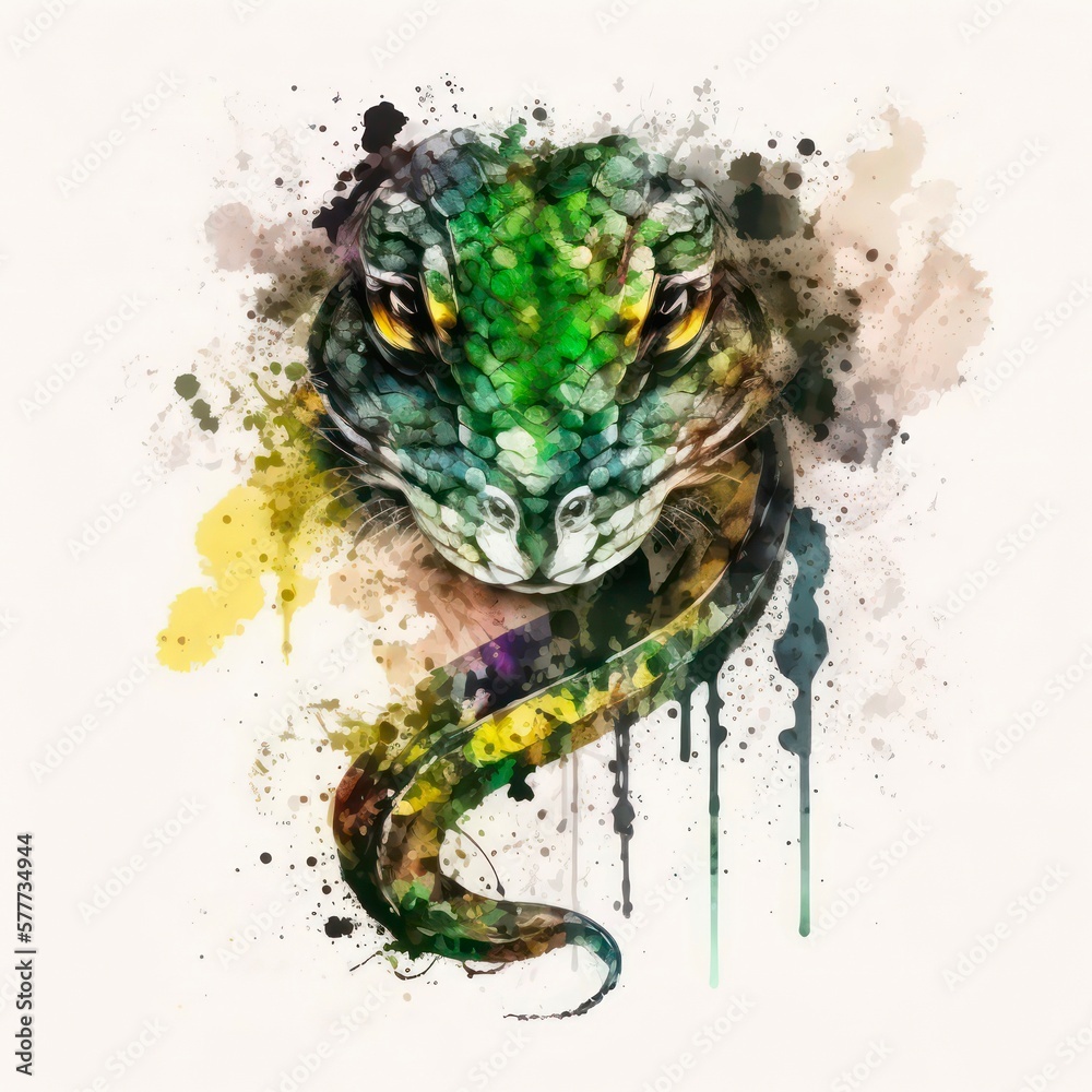 Colorful watercolor illustration of an exotic green snake. Portrait of ...