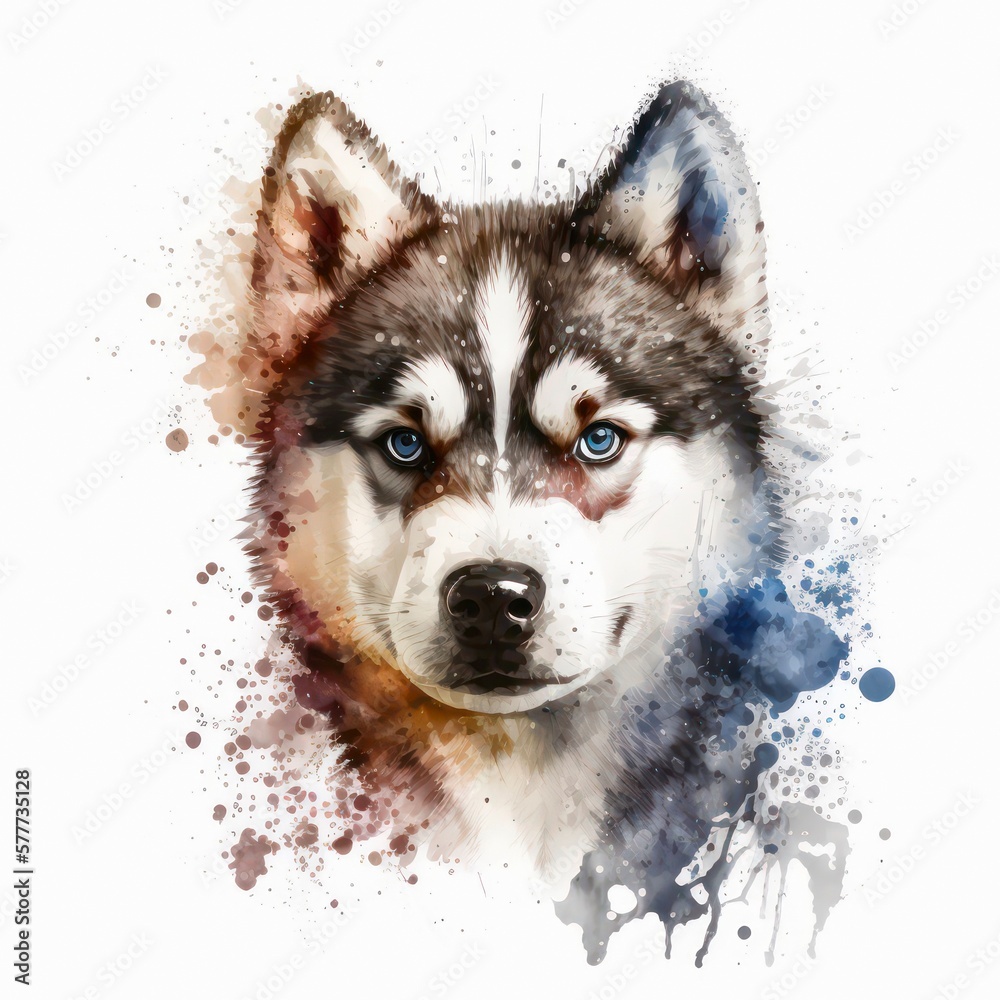 Watercolor drawing of a cute siberian husky on white background ...