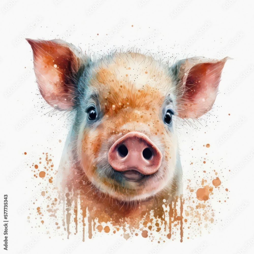 Watercolor portrait of a little cute pig on white background. Colorful illustration of a pink ...