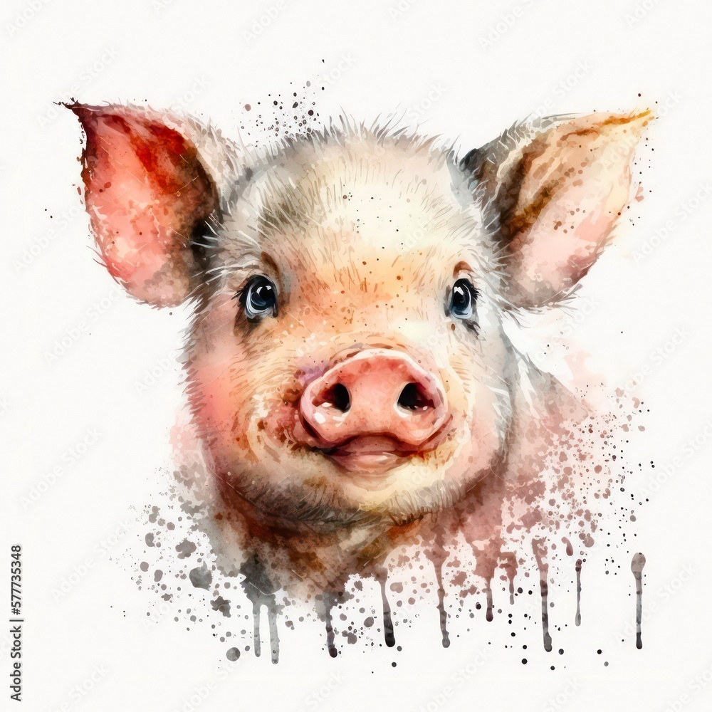 Watercolor portrait of a little cute pig on white background. Colorful illustration of a pink ...