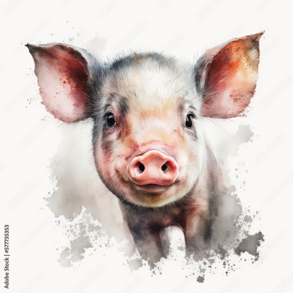 Watercolor portrait of a little cute pig on white background. Colorful illustration of a pink ...