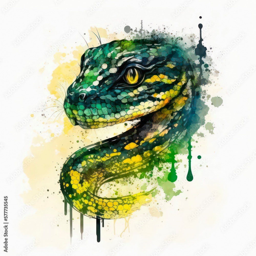 Colorful watercolor illustration of an exotic green snake. Portrait of ...