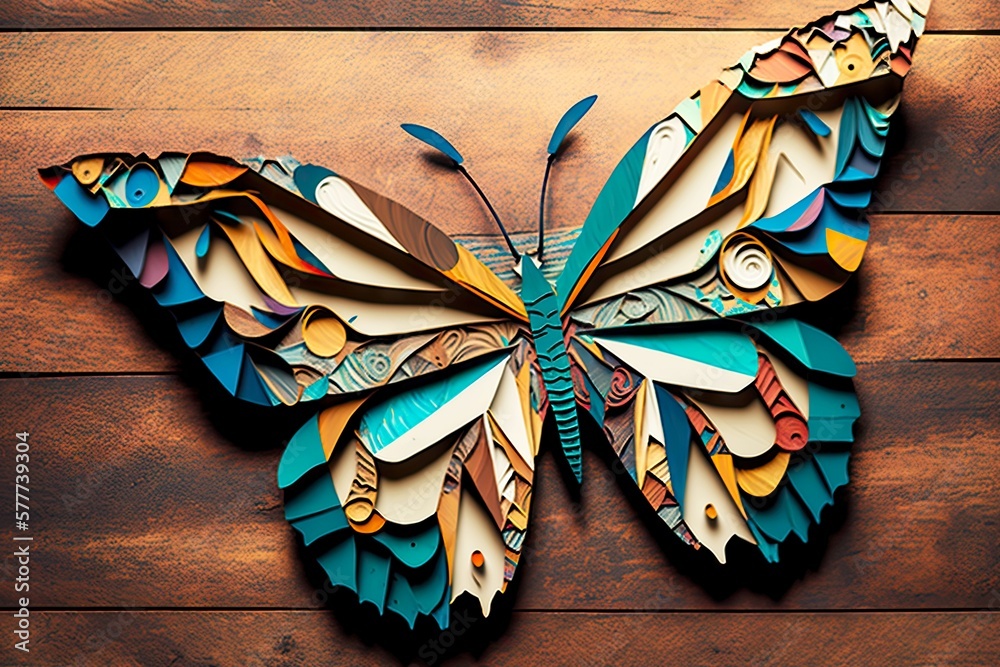 paper butterfly decoration on wood background art paper collage ...