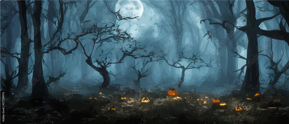 Silhouettes of trees in a dark night forest with a blue tint of fog ...