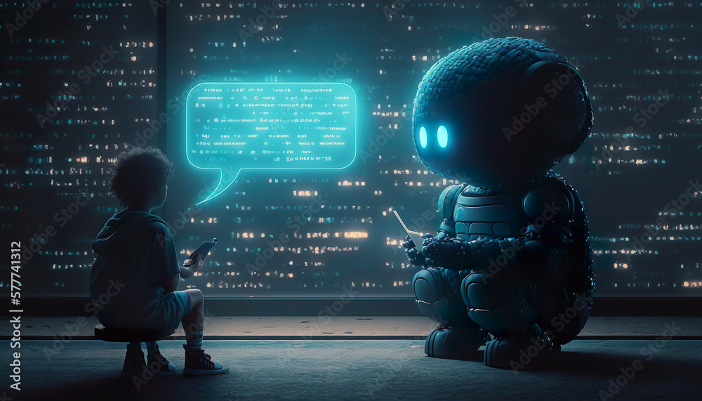 Children talking with robotic ai,chat bot.futuristic technology or ...