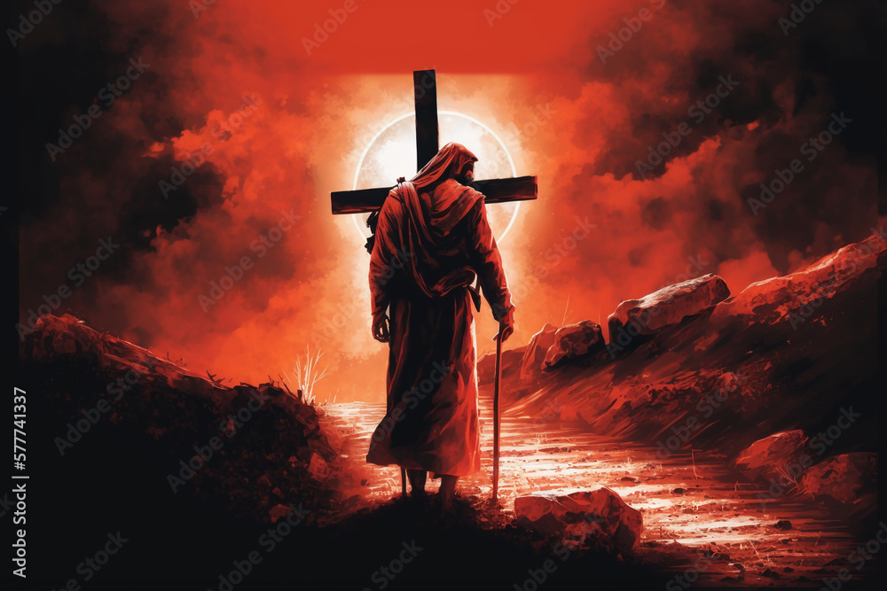 Hill of Golgotha Red sky and bright light Jesus carrying cross ...