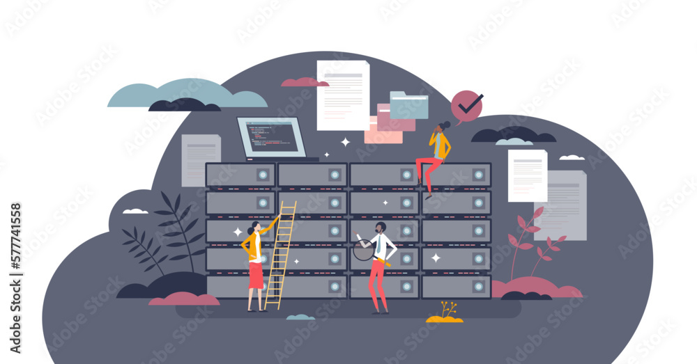Poster Data warehouse center with database storage systems tiny person ...