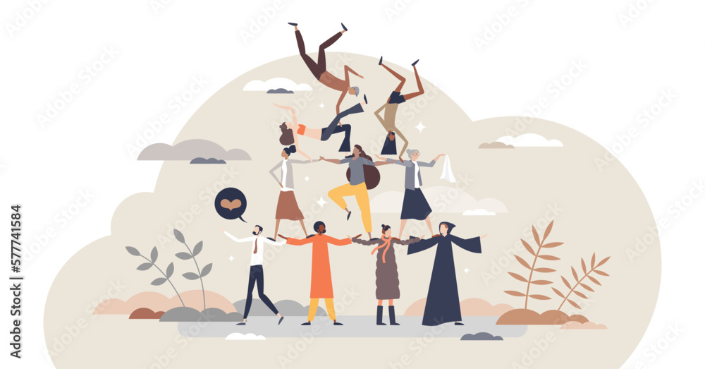 Diverse community as united various social ethnic groups tiny person ...