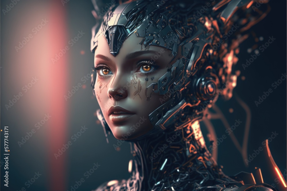 Closeup hybrid cyborg beauty transformation with a girl humanoid face ...