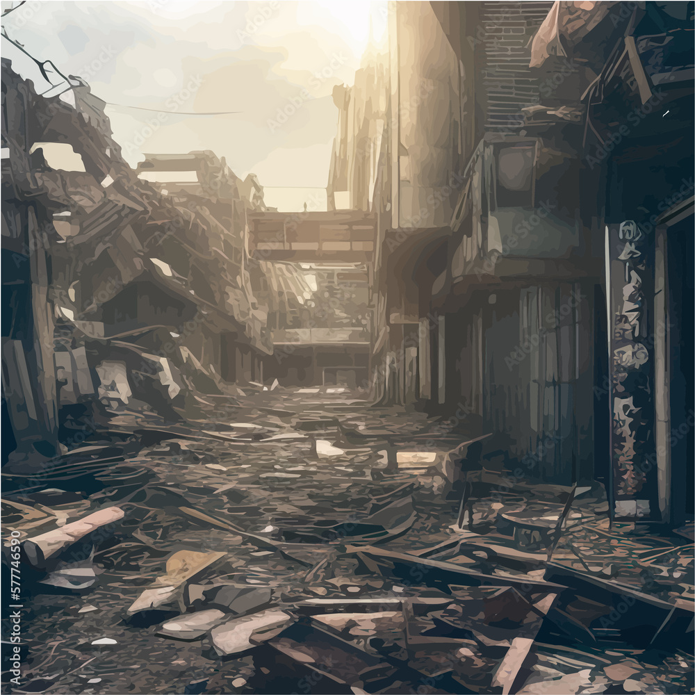 Apocalypse City Aerial view ruined city after military action or ...