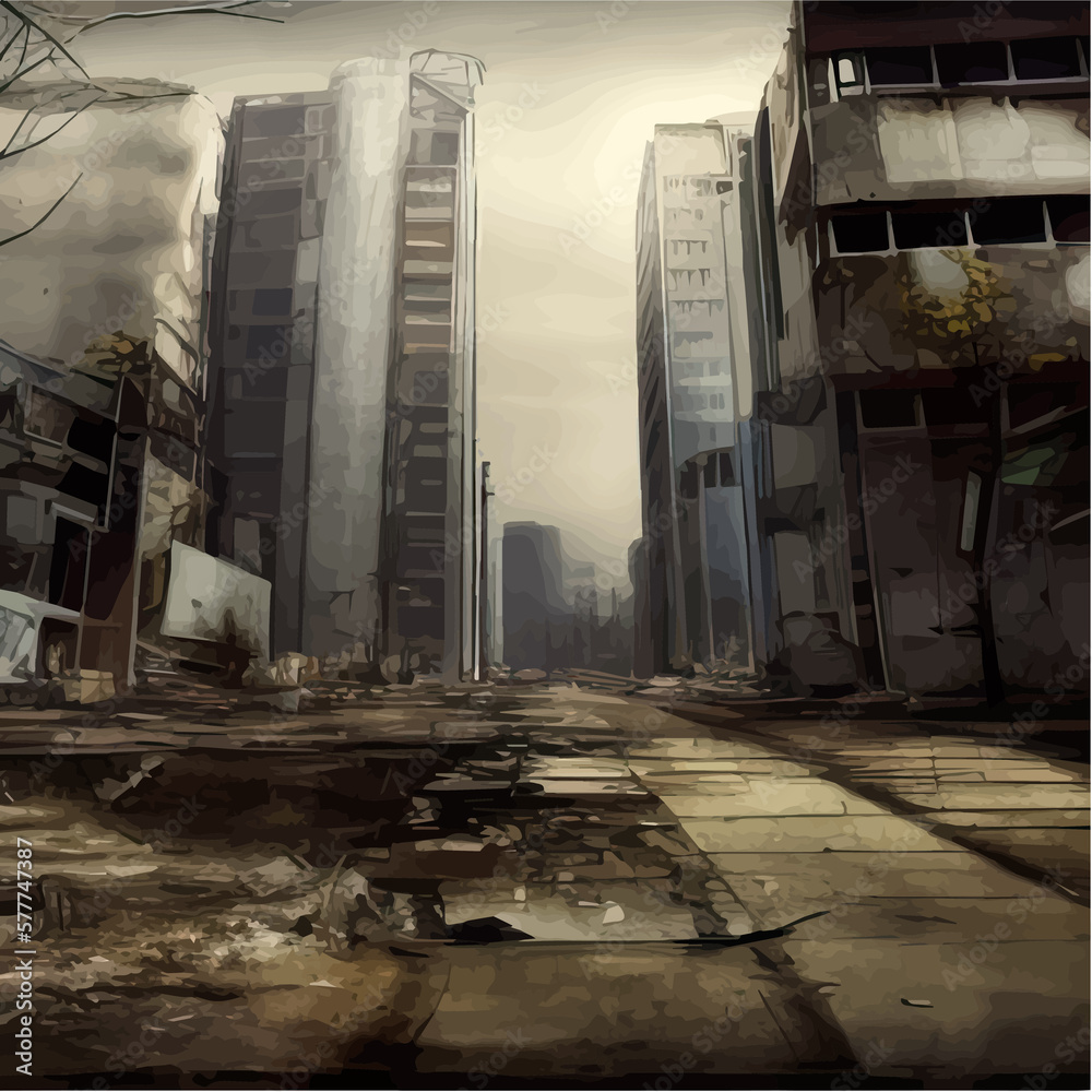 Apocalypse City Aerial view ruined city after military action or ...