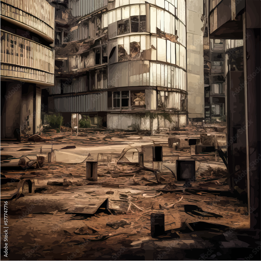 Apocalypse City Aerial view ruined city after military action or ...