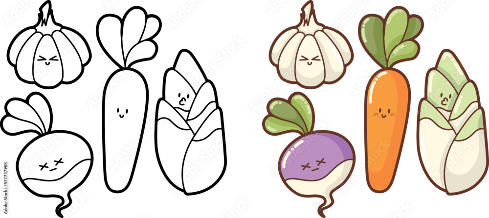 "Set of happy and funny vegetables" outlines, contours - nice design ...