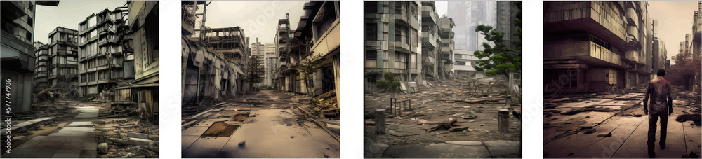 Apocalypse City Aerial view ruined city after military action or ...