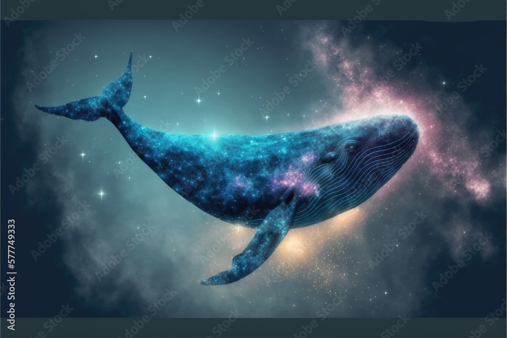 Swimming whale among fantasy abstract art in outer space among ...