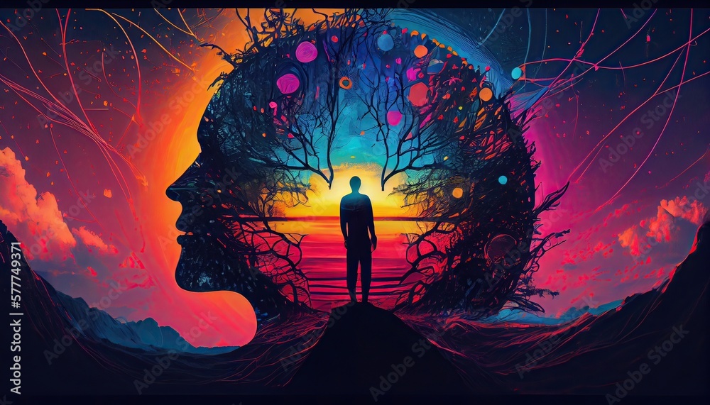 human brain concept. Creative part and colorful forest and nature ...