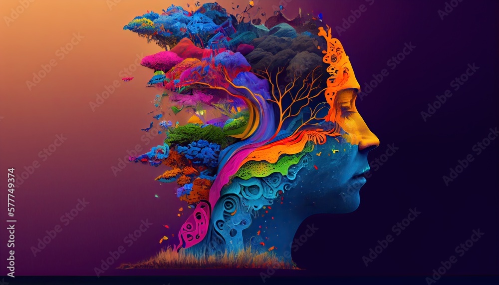 human brain concept. Creative part and colorful forest and nature ...