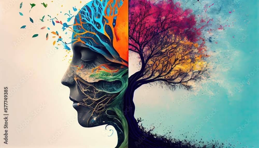 human brain concept. Creative part and colorful forest and nature ...
