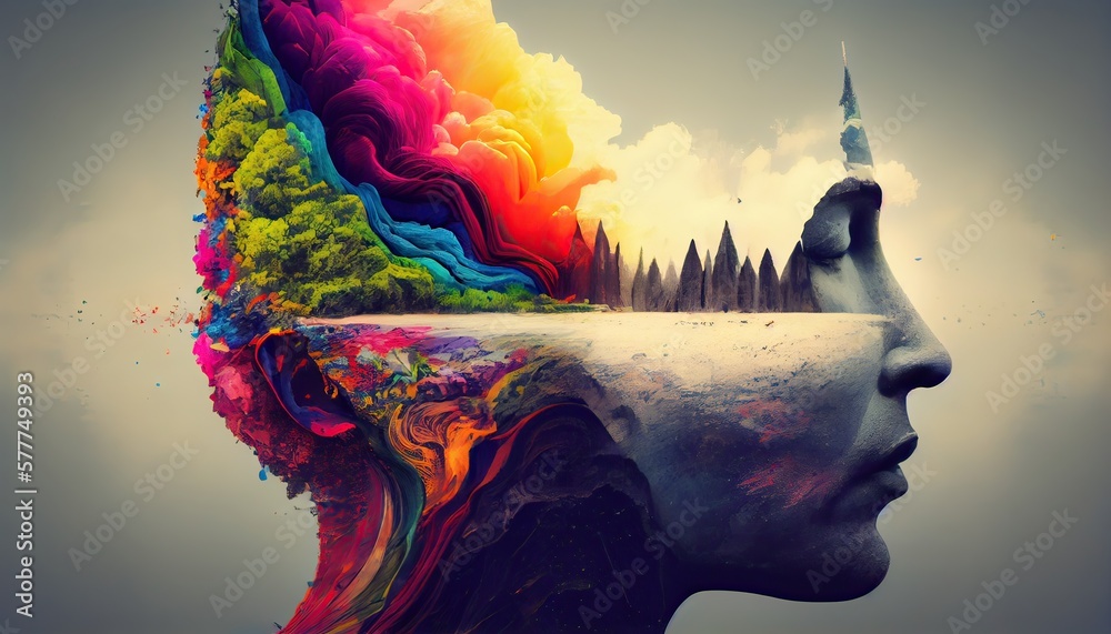 human brain concept. Creative part and colorful forest and nature ...