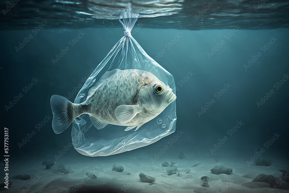 Ocean plastic pollution. A fish with plastic bag in the ocean ...