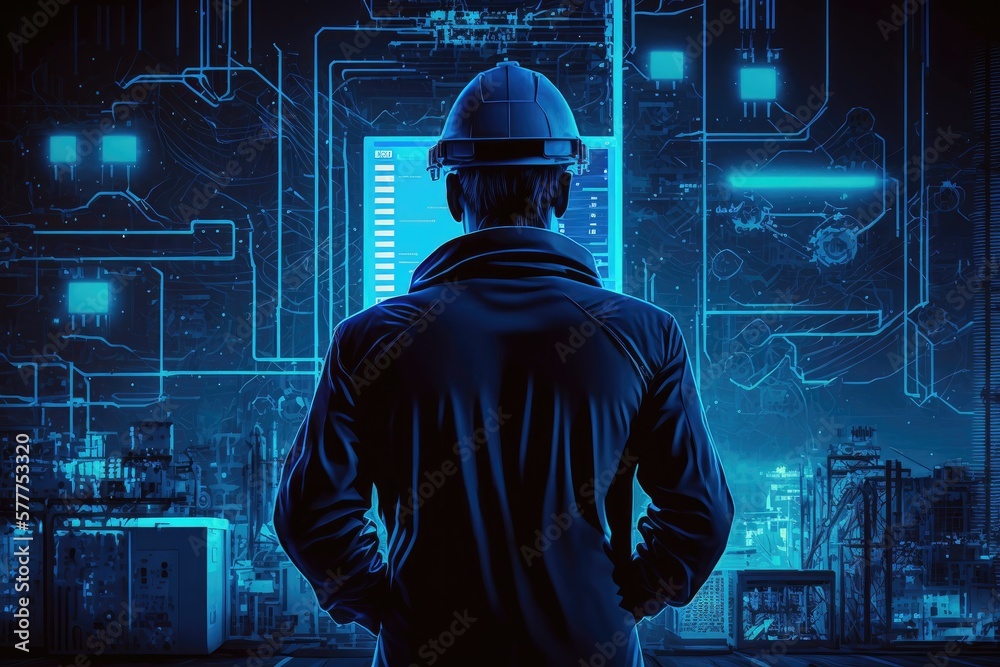 Back view of engineer smart industry background. Sustainable power ...